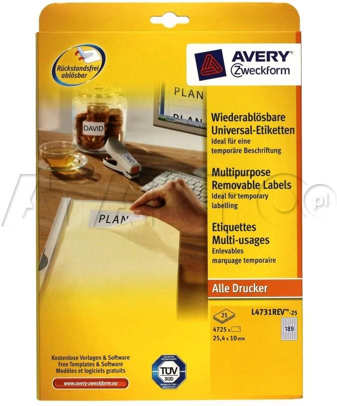 AVERY Etykiety usuwalne 25.4x10 189 białe L4731 25 zw1028 - Ceny i ...