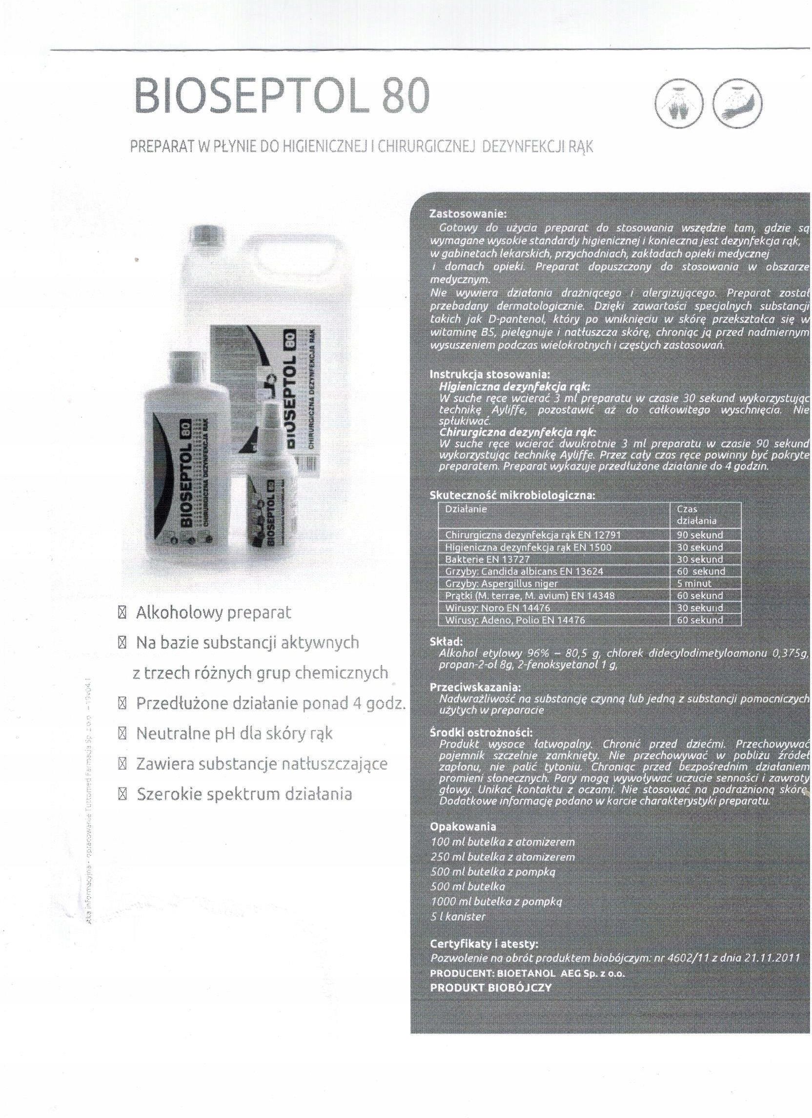 Bioetanol AEG Tuttomed Płyn do dezynfekcji rąk Bioseptol 80 z pompką ...