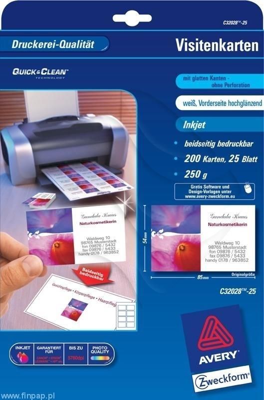 Avery Zweckform Papier Wizytówkowy Avery 250g 85x54 8/A4 A'25 Połysk No ...