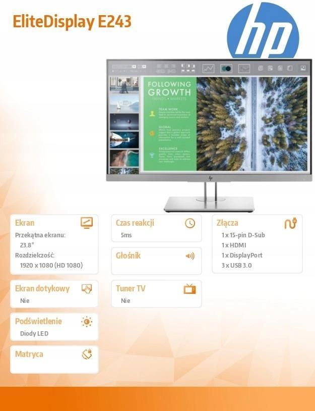 Monitor HP 23,8' EliteDisplay E243 (1FH47AA) - Opinie i ceny na Ceneo.pl
