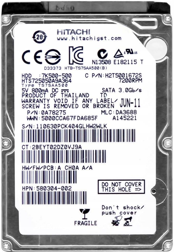 Dysk twardy Hitachi Travelstar 7K500 500GB 16MB 7200rpm SATA2 2,5cala ...