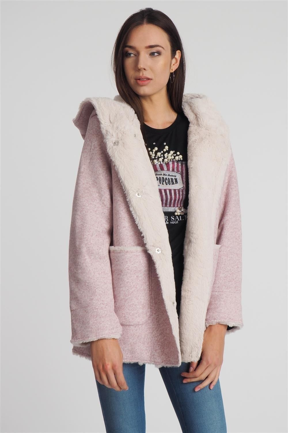 Płaszcz z kapturem damski z futerkiem różowy Sublevel 12089 - odcienie różu - Ceny i opinie ...