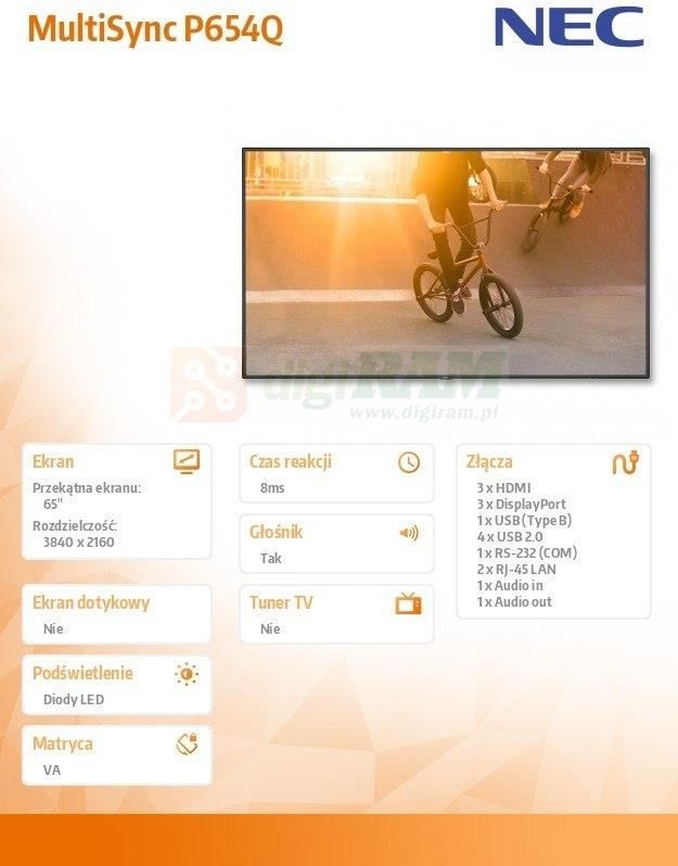 Monitor przemysłowy Nec Monitor Wielkoformatowy Multisync P654Q 65Cali ...