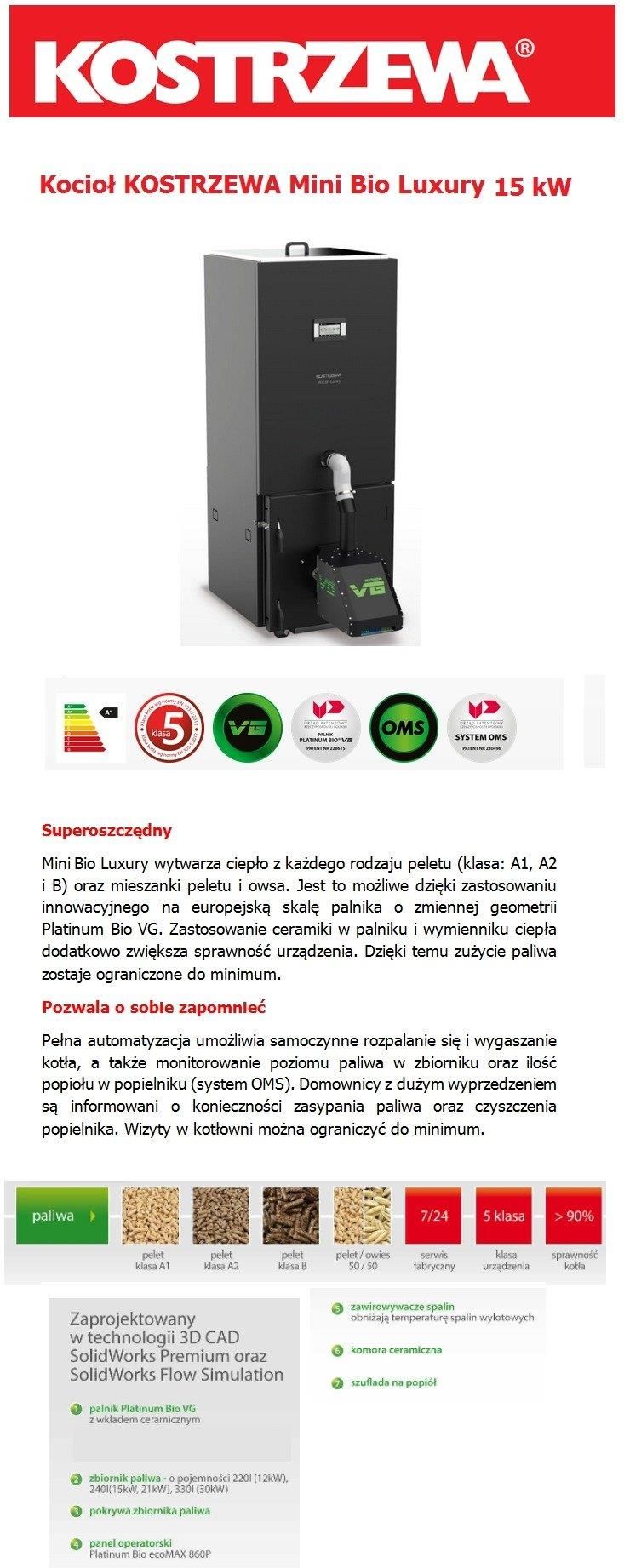 Kocioł grzewczy Kostrzewa Mini Bio Luxury 15 kW + Palnik Platinum Bio ...