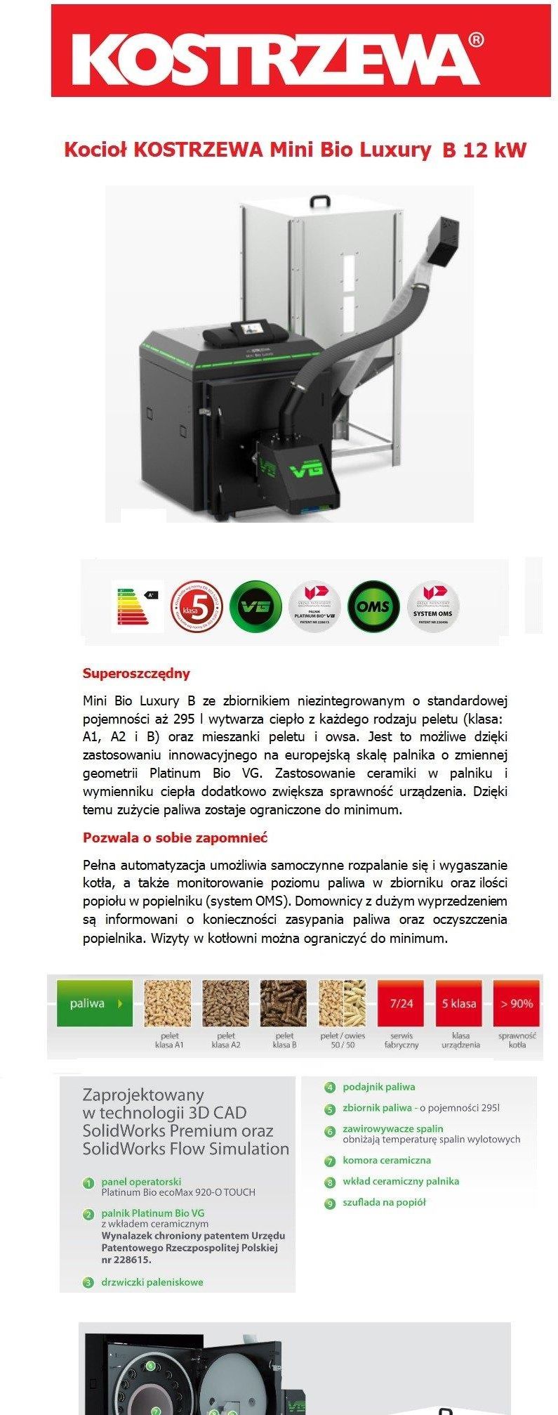 Kocioł grzewczy Kostrzewa Mini Bio Luxury B 12 kW + Palnik Platinum Bio ...