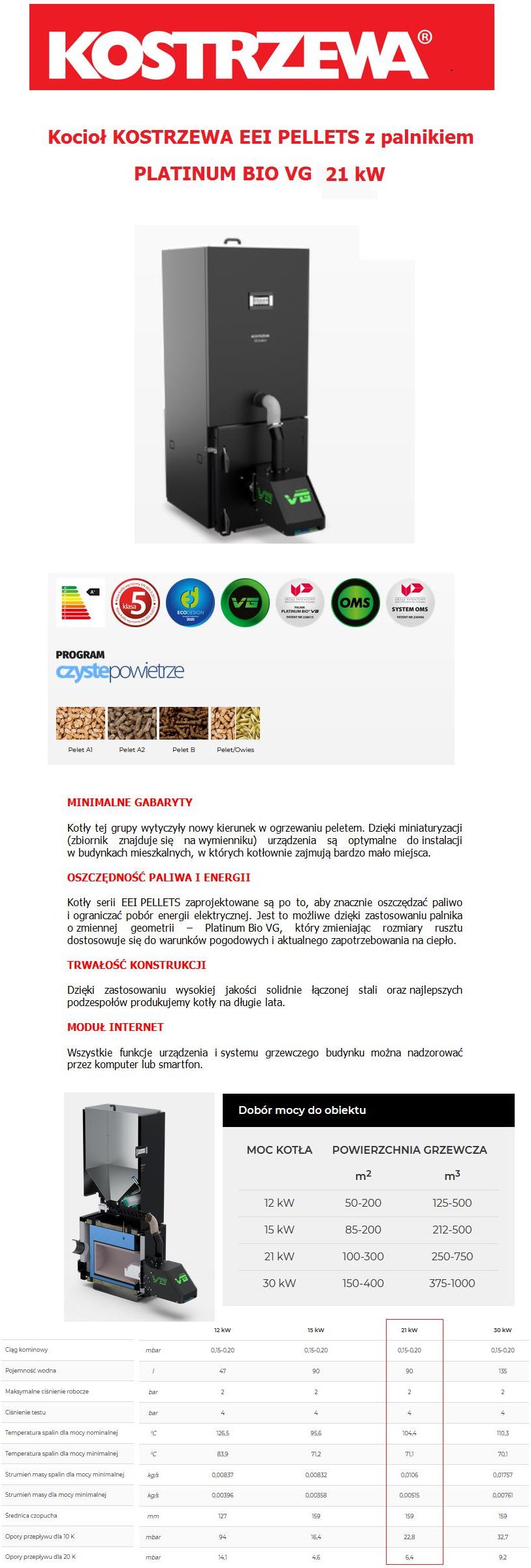 Kocioł grzewczy Kostrzewa Eei Pellets 21 kW + Palnik Platinum Bio Vg ...