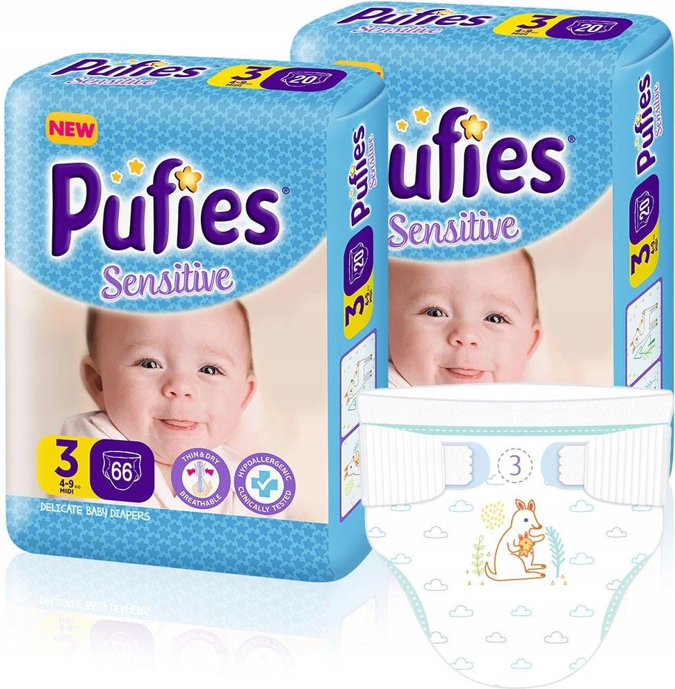 Pufies Sensitive 3 Midi (4-9Kg) 132Szt , dla dzieci o wadze 4-9 kg ...