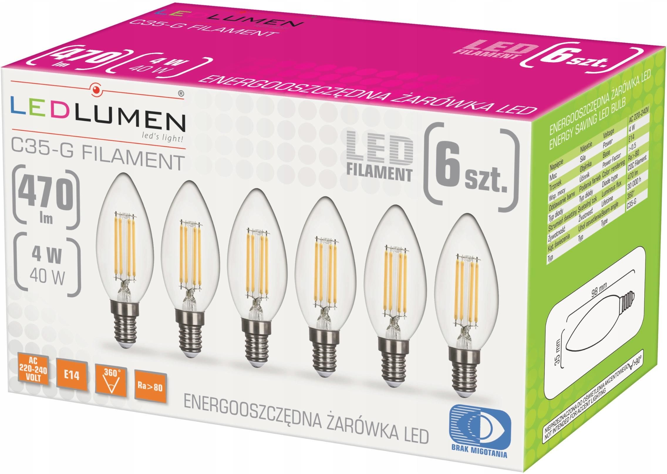 Ledlumen 6x Żarówka Led E14 Świeczka 4w 470lm 40w Filament Zes000168a