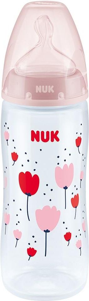 NUK First Choice ze wskaźnikiem temperatury, smoczek silikonowy, 360ml 6-18M czerwony/kwiatki ...
