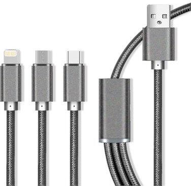 MAXLIFE MAXLIFE KABEL 3W1 USB - LIGHTNING + USB-C + MICROUSB 2.1A SZARY FAST CHARGE NYLONOWY ...