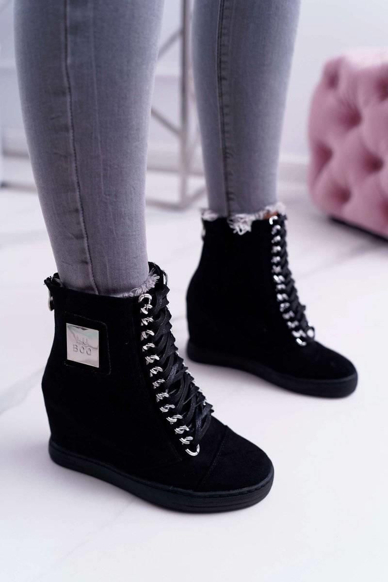 Lu Boo , Zamszowe Czarne Sneakersy Srebrny Łańcuch Monica - Czarny ...