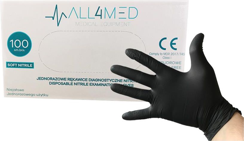 Rękawice Nitrylowe Bezpudrowe All4Med Czarne (Opak. 100 Szt.) M - Ceny ...