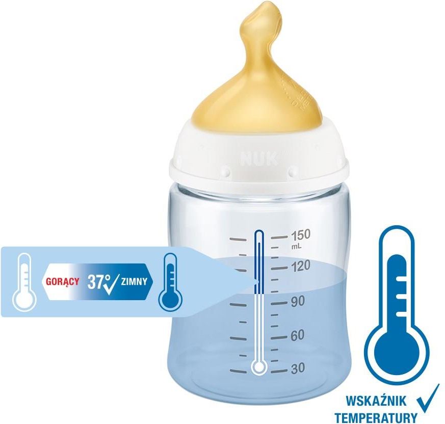 NUK First Choice Butelka ze wskaźnikiem temperatury + lateksowy smoczek 0-6 mies. do mleka ...